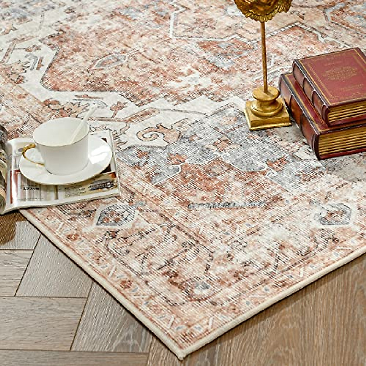 jinchan Persian Vintage Area Rug 5x7 Indoor Floor Cover Print Distressed Carpet Brick Red Multi Thin Rug Chenille Mat Foldable Accent Rug Lightweight Kitchen Living Room Bedroom Dining Room