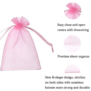 100 Pcs 5x7 inches Gift Wrap Bags Pink, Organza Sheer See Through Fabric, Drawstring Satin Ribbon Pouches for Baby Shower Favor, Party Wedding Favors Decoration, Card Deck, Jewelery, Boys Holiday Gift