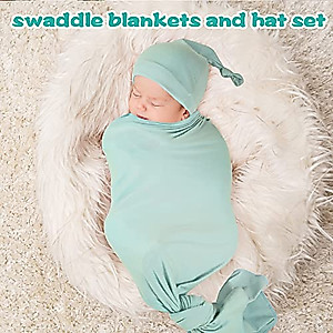 4 Set Newborn Swaddle and Headband Set Cotton Swaddle Hat Set Wrap Receiving Stretchy Swaddle Blankets Swaddle and Bow Set Newborn Beanie Newborn Hat and Swaddle (Light Green, Gray, Pink, Light Khaki)