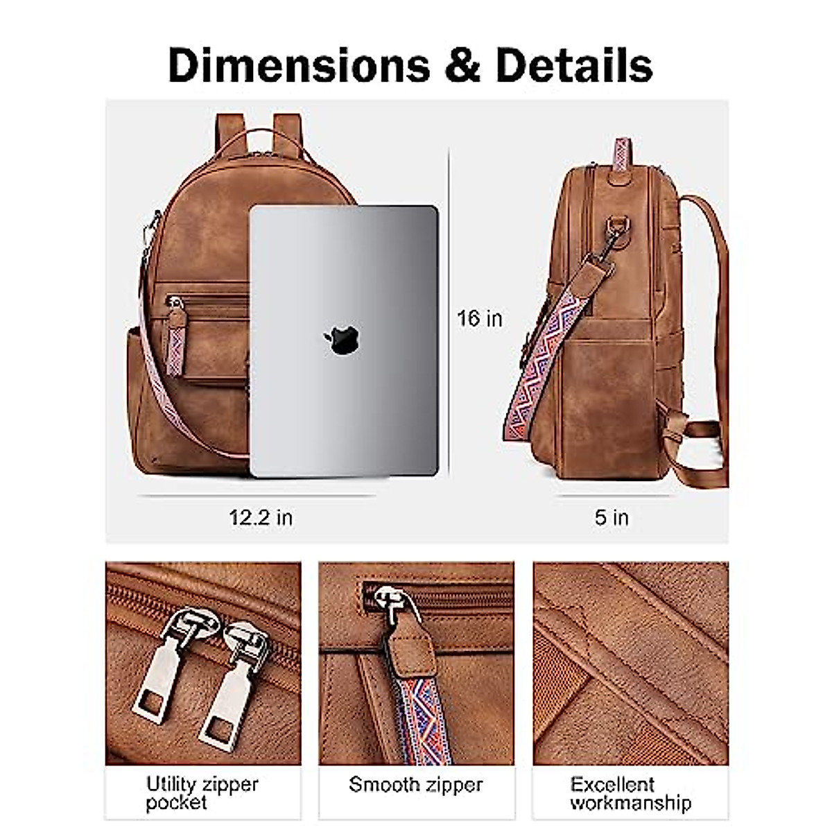FADEON Leather Laptop Backpack for Women PU Computer Backpacks, Designer Travel Back Pack Purse with Laptop Compartment Brown