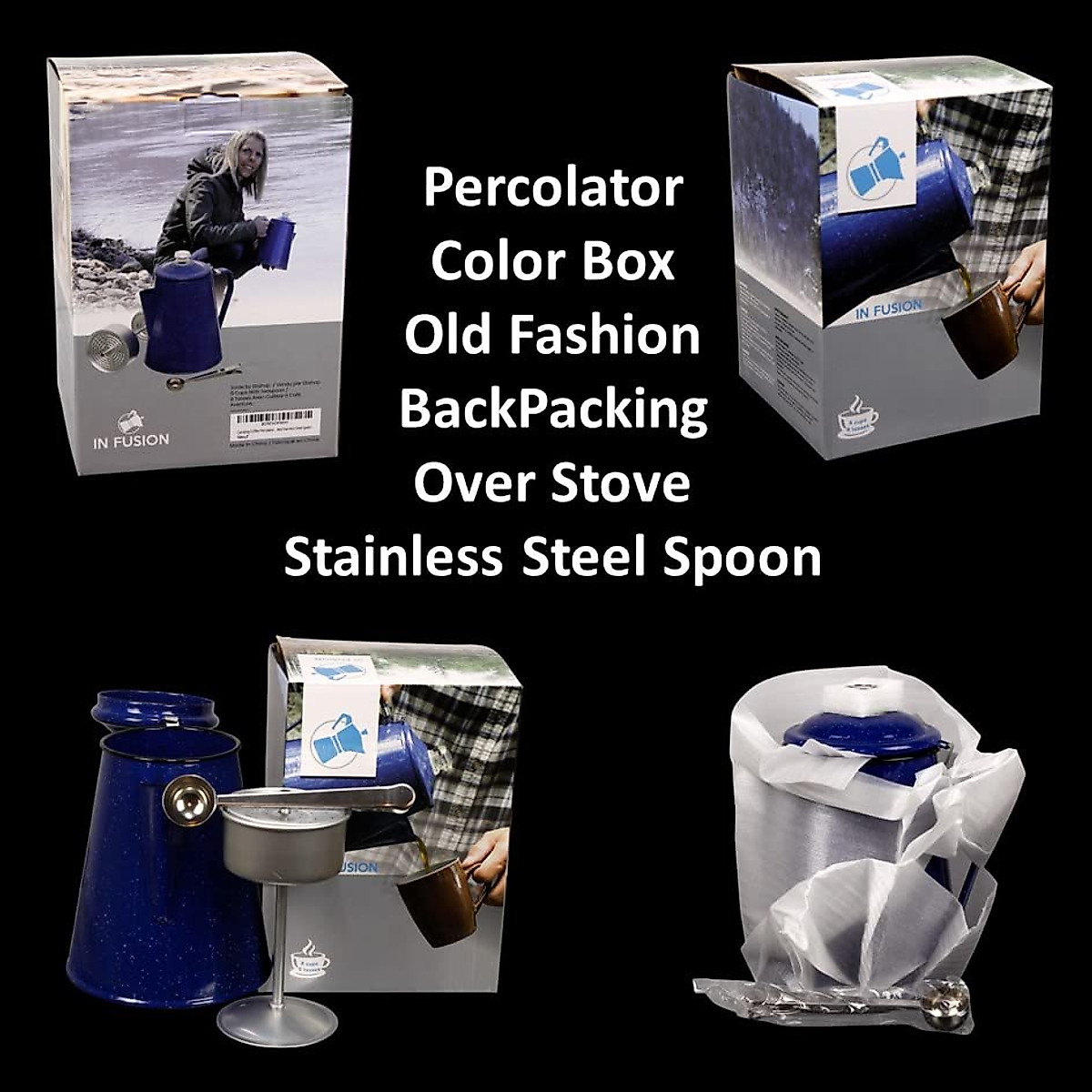 Camping Coffee Percolator - Enamel Coating Gloss Finish And Glass Cap For Backpacking, Campsite, Kitchen And FireCoffee Pot Makes 12 Cups - Comes With Basket For Grounds And Stainless Steel Spoon