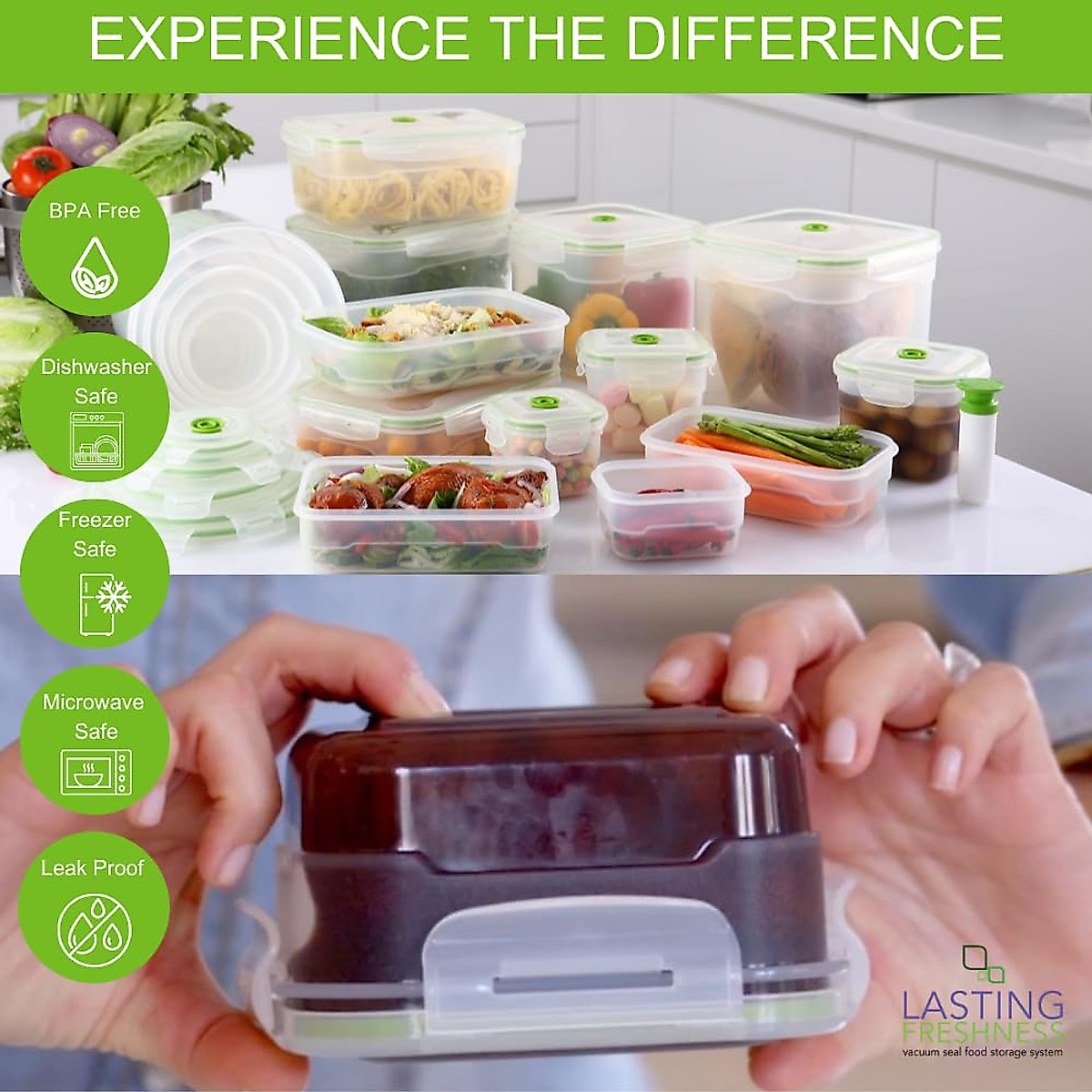 Lasting Freshness 9 piece Vacuum Seal Food Storage Containers with Vacuum Pump, Airtight and Leak Proof, Vacuum Sealed Food Storage Containers, Meal Prep Containers, Keep Food Fresh up to 5 X Longer