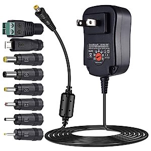 SoulBay 15W AC Adapter Universal Switching Power Supply DC 3V 4.5V 5V 6V 7.5V 9V 12V Charger with 8 Interchangeable Tips for Household Electronics, Adjutable Voltage, 1250mA Max