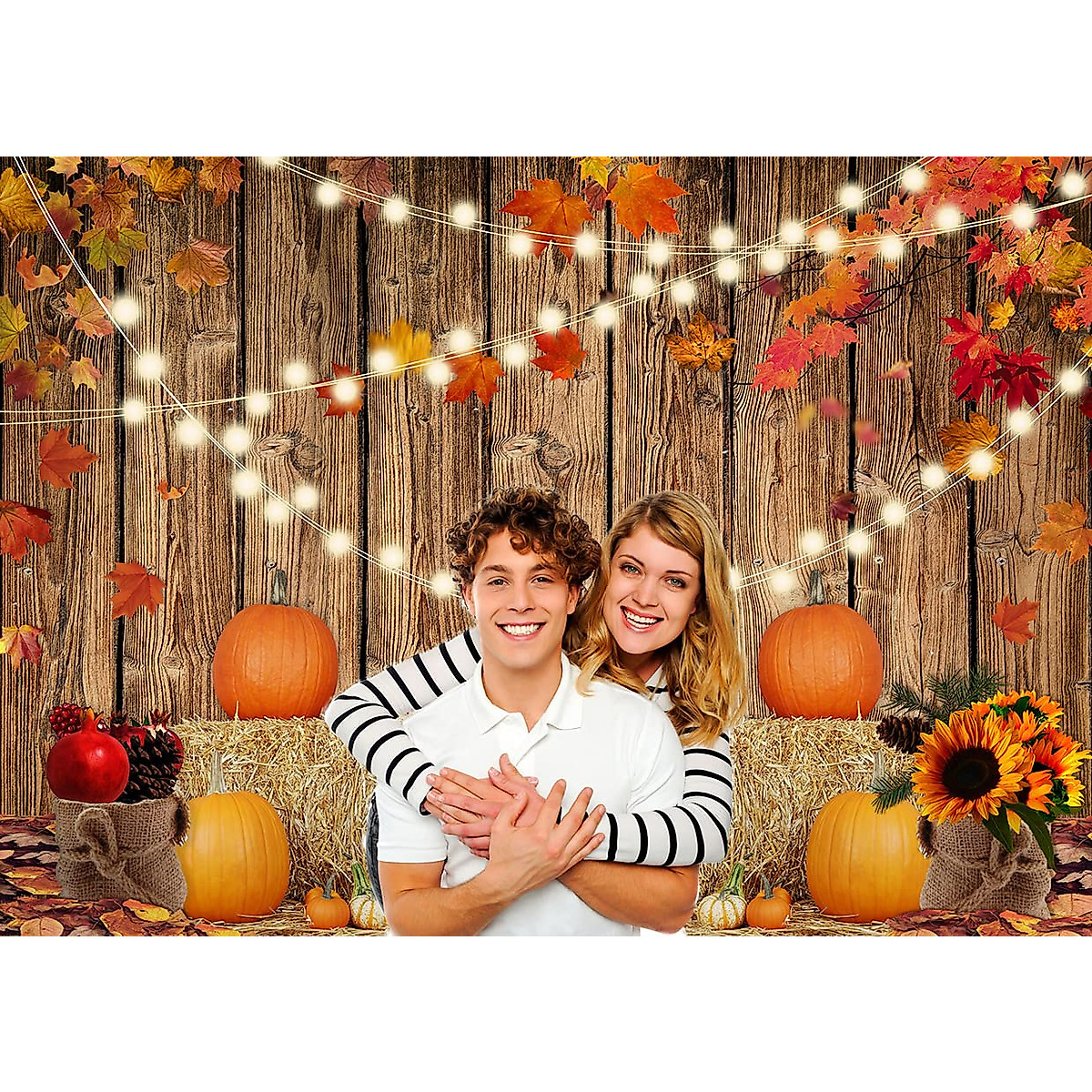 LYWYGG 7x5FT Fall Thanksgiving Photo Backdrop Autumn Retro Board Backdrops Wooden Fence Haystack Pumpkin Photo Background Thanksgiving Party Decorations Studio Photography Props CP-367 Yellow