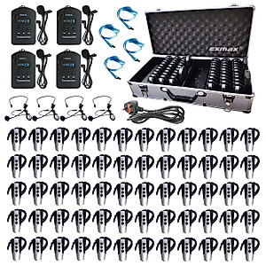 EXMAX EXD-6824 2.4GHz Wireless Audio Tour Guide Headset Systems up to 1-150M Transmission Range for Conference Church Travel Training hajj - 4 Transmitters & 60 Receivers with 64-Slot Charging Case
