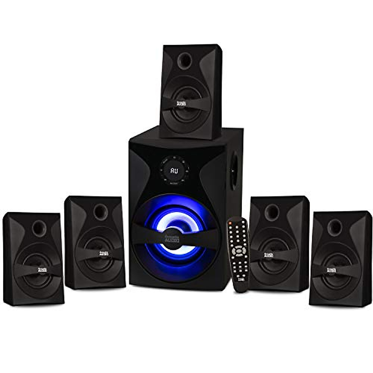 Acoustic Audio by Goldwood Bluetooth 5.1 Surround Sound System with LED Light Display, FM Tuner, USB and SD Card Inputs - 6-Piece Home Theater Speaker Set, Includes Remote Control - AA5400 Black