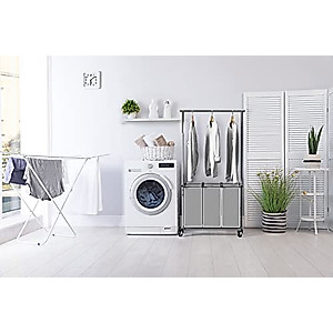 SimpleHouseware 3 Bag Laundry Sorter Rolling Cart w/Garment Rack Hanging Rod, Silver