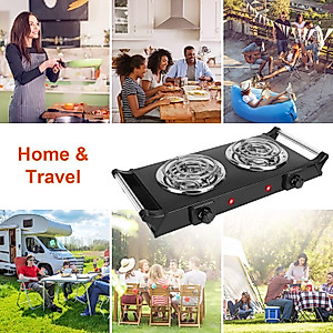 Hot Plate, 2000W Portable Electric Double Burner W/5 Level Temperature Control & Stay Cool Handles, Easy to Clean, Lightweight Cast Iron Electric Stove for Kitchen Camping Cooking, 110V
