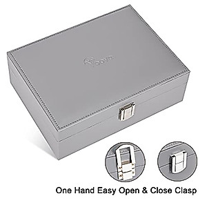 Voova Jewelry Box Organizer for Women Girls, 2 Layer Large Men Jewelry Storage Case, PU Leather Display Jewellery Holder with Removable Tray for Necklace Earrings Rings Bracelets, Vintage Gift,Grey