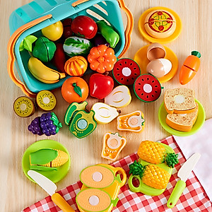 JOYIN 68Pcs Cutting Play Food Toy for Toddlers Kitchen, Fake Food for Kids Play Kitchen, Includes Plastic Fruit &Vegetables, Storage Basket, Mini Dishes and Knife, Pretend Play Toys, Toddler Gifts