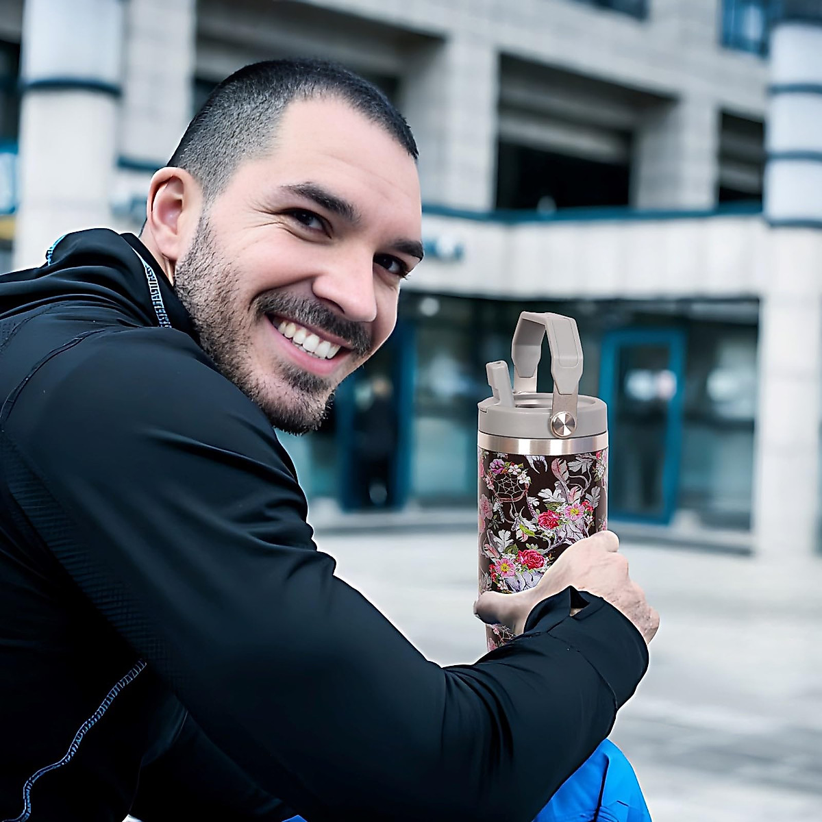 JIU HONG CHAO 30 oz Cow Skull flower Travel Tumbler with Straw Lid, Stainless Steel Floral Travel mug with Handle Insulated Cup West Mother's Day Gifts for Women Mom (Black Bullskull, 30 OZ)