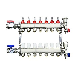 INTBUYING 7-Loop 1/2" Radiant Floor Heating Manifold Set NPT 1" Stainless Steel Radiant High-flow Floor Heating Set with Flow Meters For Hydronic Radiant Floor Heating