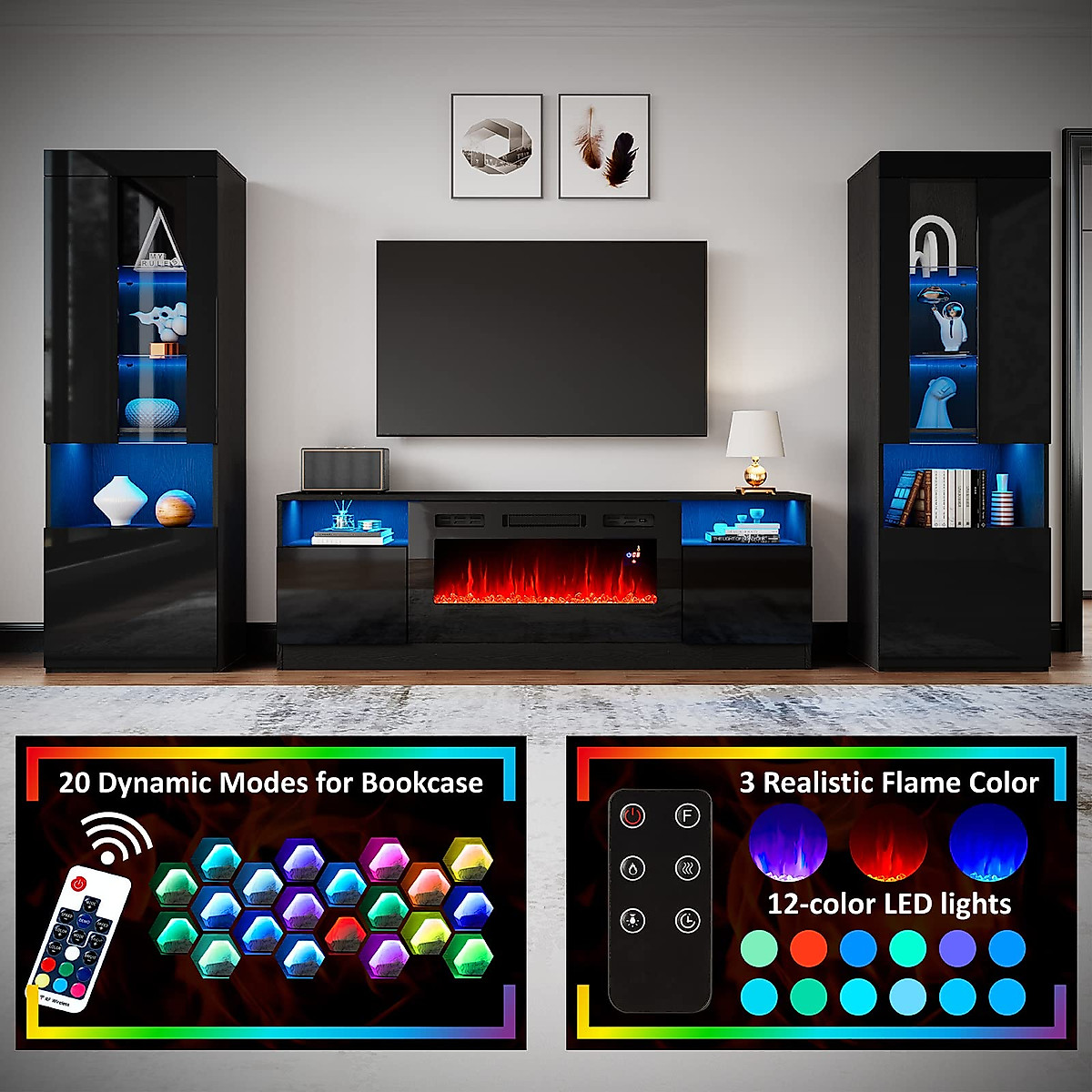 AMERLIFE Fireplace Entertainment Center Set, Includes 70" Fireplace TV Stand & 2 LED Highgloss Bookcases, Modern Storage Cabinets for TVs up to 80", Black