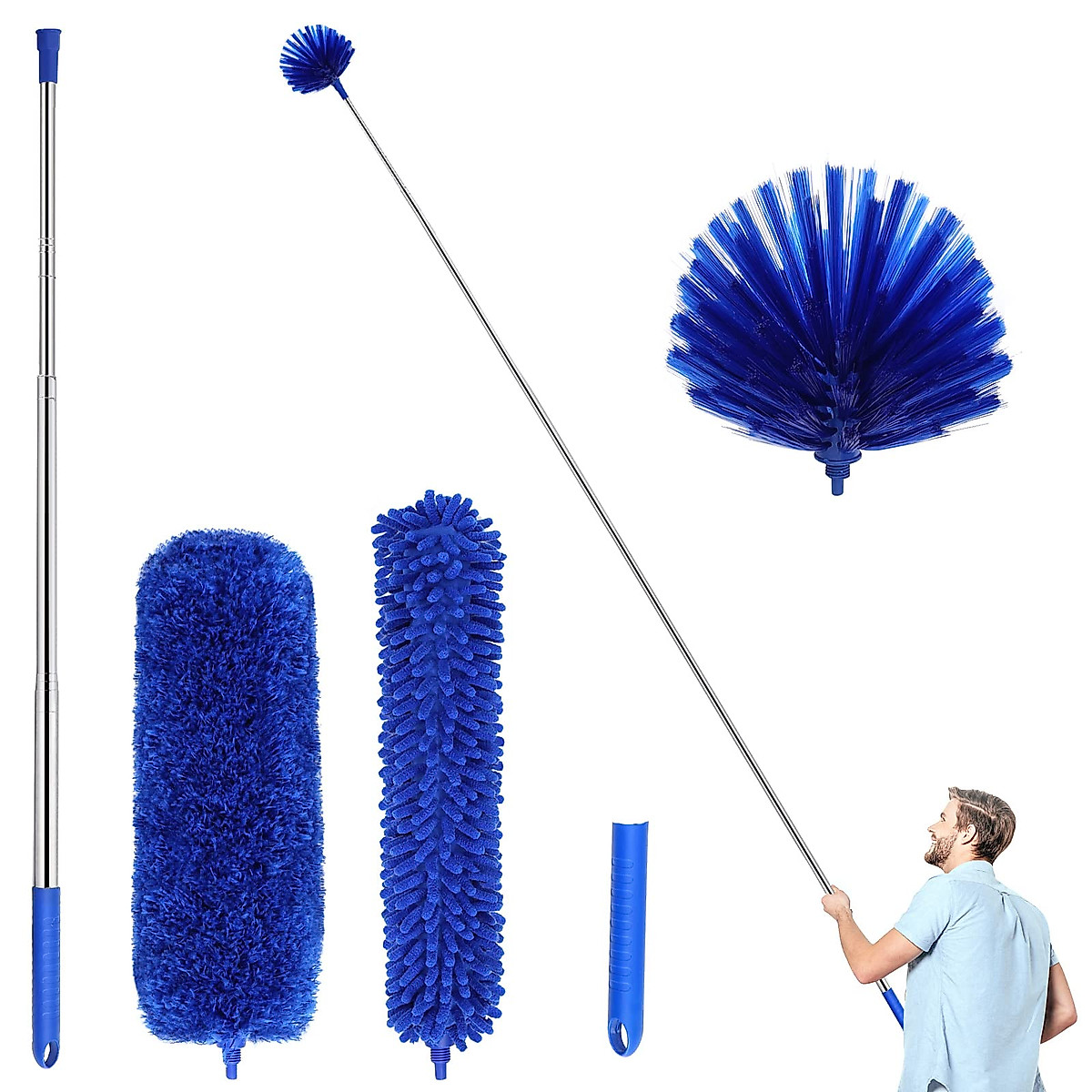 Microfiber Dusters w 2 Handle Sets, Durable 15~100 Inchs Long Telescopic Rod, Washable, Feather Dusters for Cleaning Cobweb, Ceilings Fans (5 Pack)…… Blue
