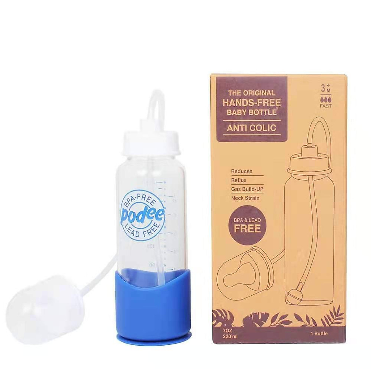 Hands-Free Baby Bottle - Anti-Colic Self Feeding Baby Bottle System 7 oz Glass Bottle (1 Pack - Blue)