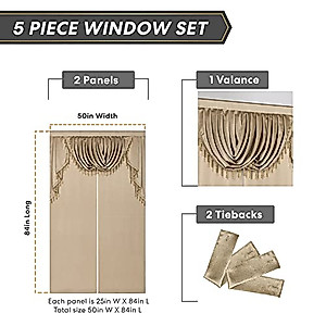 Regal Home Collections Regency 5-Piece Beaded Window Curtains - 50in W x 84in L Curtain Panels with Beaded Waterfall Valance and 2 Tiebacks - Bedroom Curtains - Living Room Curtains (Gold)