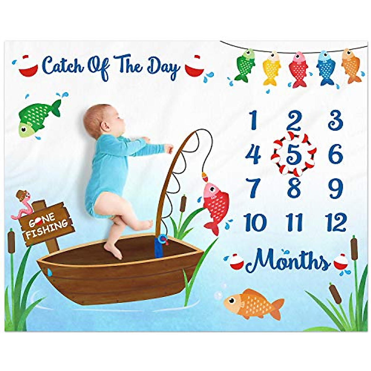 Gone Fishing Baby Monthly Milestone Blanket Little Fisherman Bobber Photo Prop Blanket The Big One Ideas for Newborn Boy and Girl Nursery Décor 40" X 50"