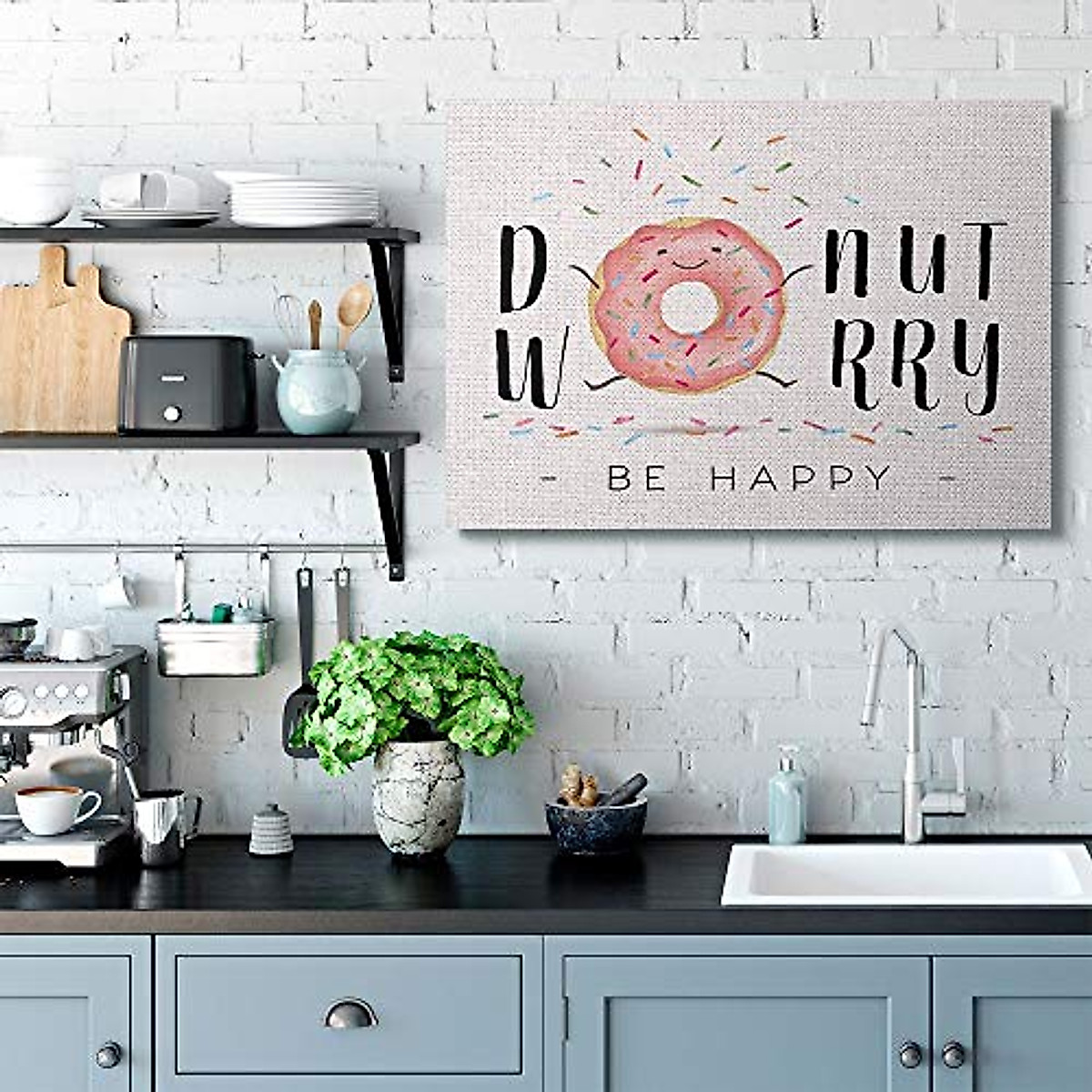 Stupell Industries Donut Worry Happy Pink Cartoon Word, Design by Artist Ziwei Li Wall Art, 36 x 48, Canvas