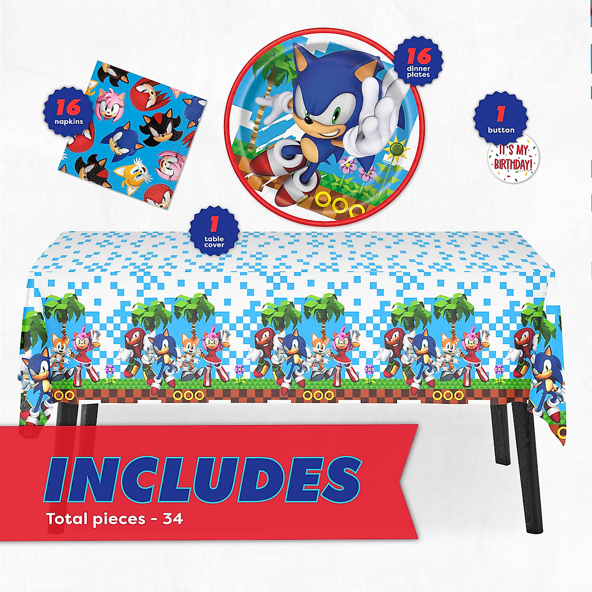 Sonic the Hedgehog Birthday Party Supplies, Plates, Napkins for 16, Table Cover | Sonic Birthday Party Decorations | Sonic Party Decorations | Officially Licensed