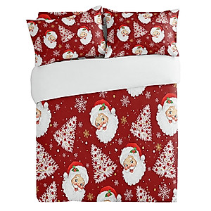 Christmas Santa Claus Queen Bedding Duvet Cover Set 3 Pieces Red Berry Xmas Tree Soft Luxury Printed Comforter Covers 2 Pillow Shams for Bedroom Decor Golden White Snowflakes