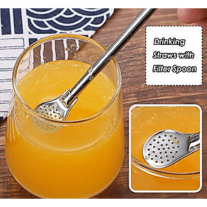 EvaGO Reusable Stainless Steel Drinking Straws with Filter Spoon 6 Pieces Yerba Mate Tea Bombilla Drinking Straws with 2 Pieces Cleaning Brushes Set, 7.1inch Long