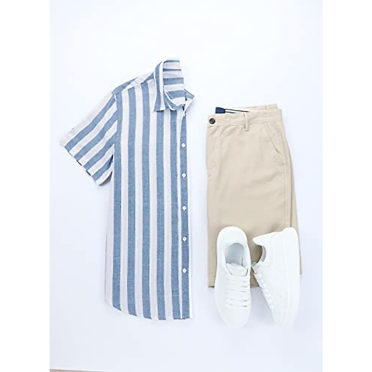 JMIERR Men's Summer Casual Stylish Short Sleeve Button-Up Shirts Cotton Linen Vertical Striped Business Dress Shirts Beach Cruise Shirt Resort Wear Old Money Aesthetic Clothes, US 43(L), Sky Blue