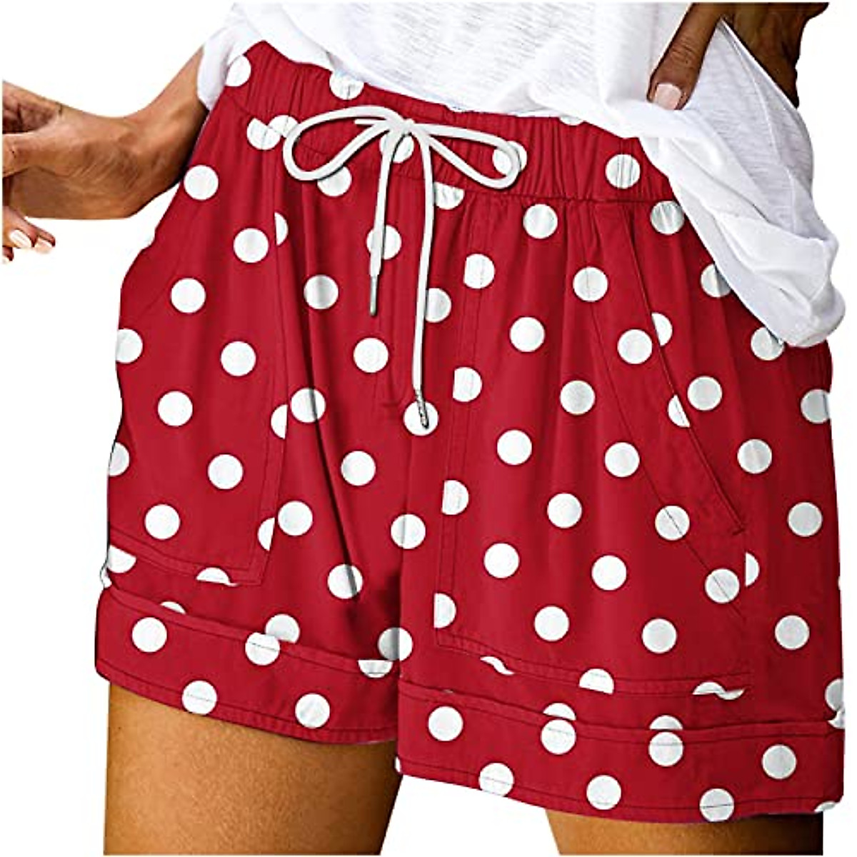 Zquehuo Womens Casual Drawstring Polka Dot Shorts Summer 2024 Elastic Waist Polka Dot Shorts Pants with Pockets (Large, Red 57)
