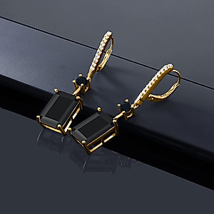 Gem Stone King 18K Yellow Gold Plated Silver Black Onyx Earrings For Women (13.94 Cttw, Gemstone Birthstone, Emerald Cut 14X10MM)