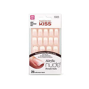 KISS Salon Acrylic French Nude Natural Nails, Medium Length, Ultra-Smooth Finish, DIY At-Home Manicure Kit with Pink Gel Nail Glue, Mini Nail File, Manicure Stick, and 28 Nails in 14 sizes