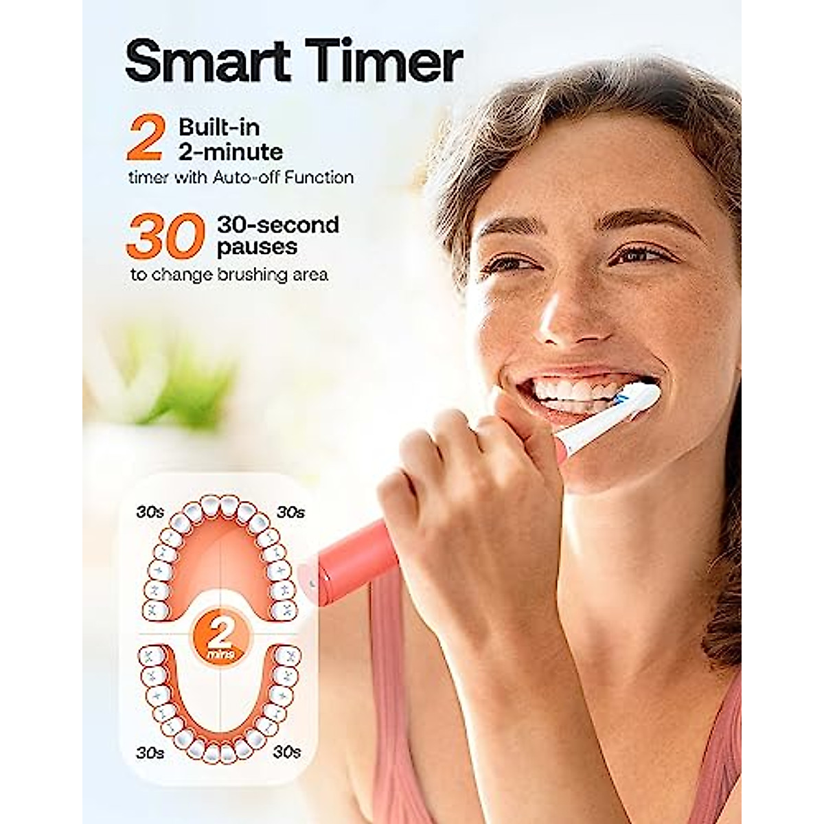 Bitvae Ultrasonic Electric Toothbrush with 8 Brush Heads for Adults and Kids, Rechargeable Travel Toothbrush with a Holder, 5 Modes, Smart Timer, Living Coral D2