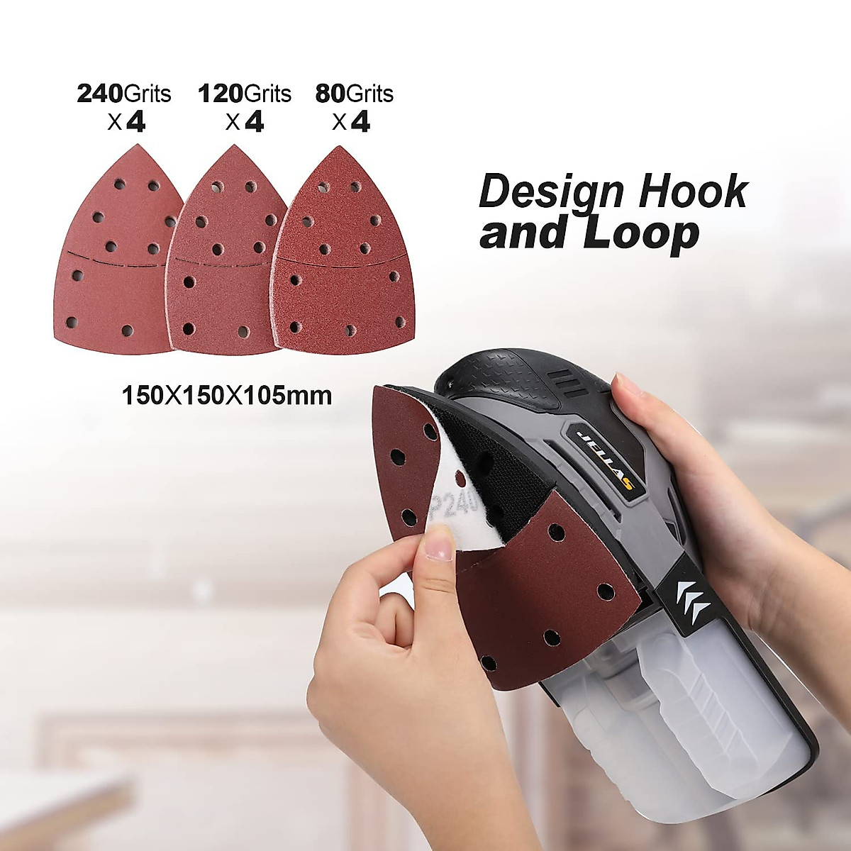 JELLAS Electric Detail Sander, 220W Compact Sander Machine for Wood, 13,000 RPM Sanders with Dust Collection, 16PCS Sandpapers, Finger Sanding Attachment and Sanding Pad Included, MS220T