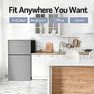 Frestec 3.2 Cu.Ft Mini Fridge for Bedroom, Mini Refrigerator with freezer, Dorm Fridge with Freezer, 2 Doors Perfect for Room and Office, Adjustable Temperature(Stainless steel)