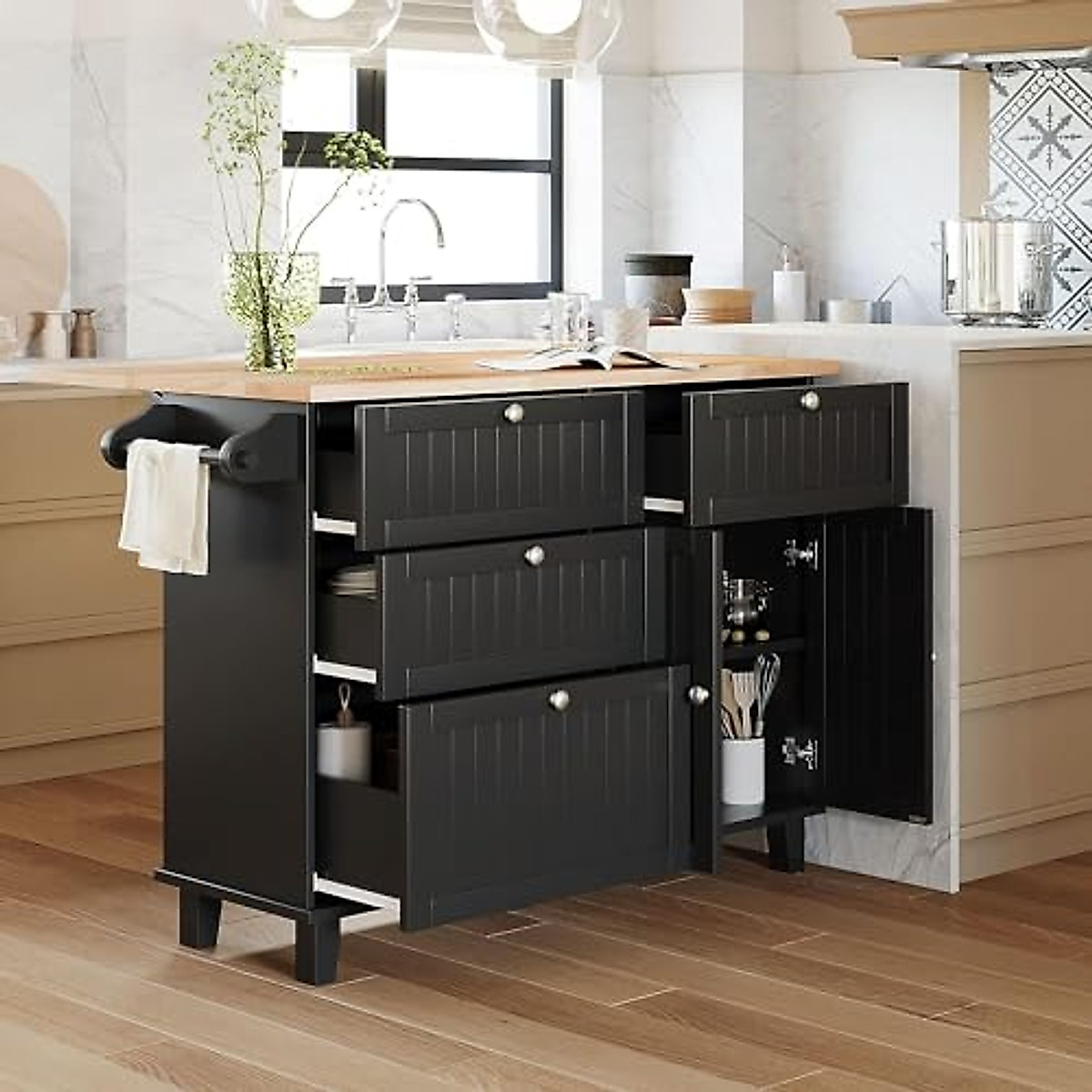 CuisinSmart Kitchen Island with Seating, Kitchen Storage Islands with Drop Leaf and 2 Seatings, 5 Drawers, Solid Wood Dining Table Set with Storage Cabinet and Towel Rack