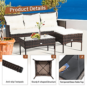 RELAX4LIFE 3 Pieces Patio Furniture Sectional Set, Rattan Wicker Conversation W/ 5 Cozy Seat & Back Cushions, Tempered Glass Coffee Table for Poolside, Balcony Outdoor Furniture (Beige+Brown)