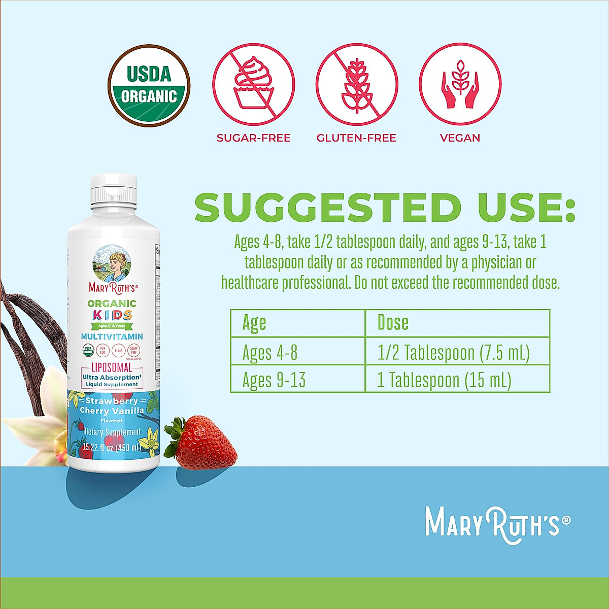 MaryRuth's Kids Multivitamin lipsomal | Vegan, Sugar-Free Vitamins for Kids Ages 2+ | Childrens Vitamins 1-2 Month Supply | Multivitamin for Kids | Multi | Kids Vitamins | 15.22 Fl Oz