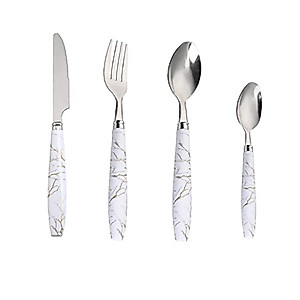 24-Piece Set of Marble pattern Handle Cutlery Set Kitchen Silverware Tableware Main Stainless Steel Knife and Fork Spoon Commercial Steak Coffee Western Tableware (White)