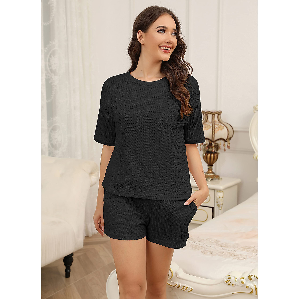 Ezbelle Womens 2023 Fall Fashion Crop Pullover Lounge Sets Two 2 Piece Pajama Sweatsuits Outfits Casual Soft Knit Loungewear Clothes Black Medium