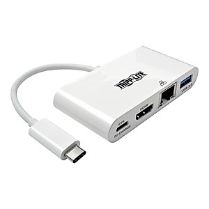 Tripp Lite USB C to HDMI Multiport Video Adapter Converter 4K w/ USB-A Hub, USB-C PD Charging Port & Gigabit Ethernet Port, Thunderbolt 3 Compatible, USB Type C, USB Type-C (U444-06N-H4GU-C),White