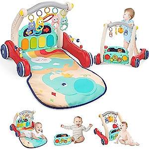 2 in 1 Baby Walker & Gym Play Mat,Sit-to-Stand Learning Walker, Baby Activity Mat with Play Piano, Early Educational Child Activity Center Tummy Time Mat for Infant Newborn Toddlers Boys Girls