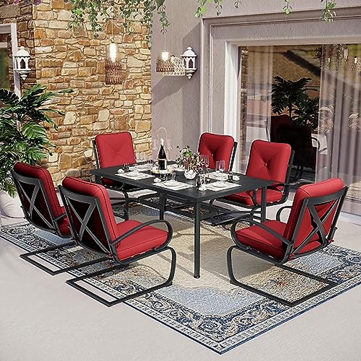 MFSTUDIO 7 Piece Outdoor Patio Dining Set, 6 Spring Motion Cushion Chairs, 1 Rectangular Table with 1.7" Umbrella Hole, Metal Furniture Sets for Lawn Backyard Garden, Red