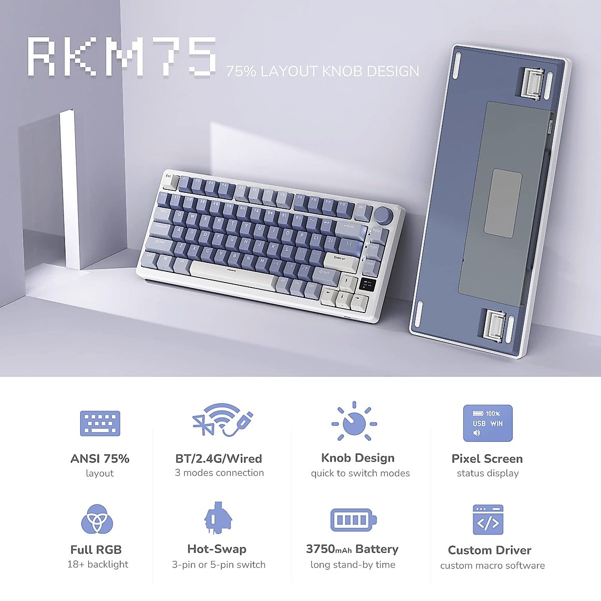 RK ROYAL KLUDGE M75 Mechanical Keyboard with OLED Smart Display and Volume Knob, 2.4G/USB-C/BT Gasket Mounted 75% Layout Wireless Gaming Keyboard with 81 Keys, RGB Backlit Hot-Swappable Brown Switch