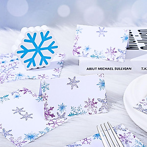 Whaline 50Pcs Christmas Place Cards Blue Purple Snowflake Seating Tent Name Cards Xmas Blank Folded Seat Assignment Setting Label for Wedding Baby Shower Party Supply