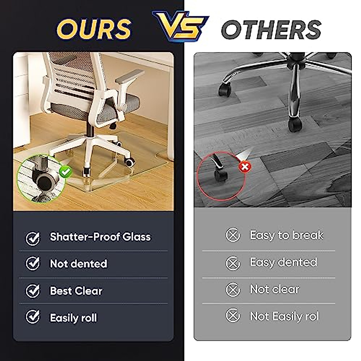 Antok Glass Chair Mat for Carpet, 36“x36” Tempered Glass Floor Mat for Office Chair on Carpet, 1/5" Thick Clear Computer Floor Mat for Rolling Chairs with 4 Anti-Slip Pads