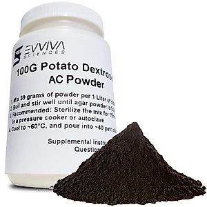 Potato Dextrose Agar Powder With Activated Charcoal 100 Grams - Evviva Sciences - Make Up To 105 Agar Petri Dishes - Excellent Growth Medium for Mushrooms & Science Projects