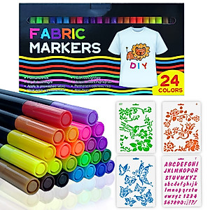 Fabric Markers,Fabric Marker Permanent for T Shirts Clothes,Pillow Canvas,Fabric Paint Pens for Kids,Machine Washable Shoe Markers for Fabric Decorating,No Bleed, Fine Tip, Set of 24 Colors