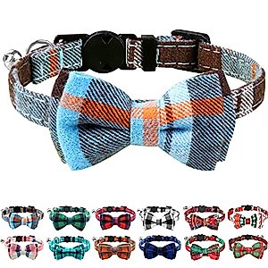 Joytale Updated Breakaway Cat Collar with Bow Tie and Bell, Cute Plaid Patterns, 1 Pack Girl Boy Kitty Safety Kitten Collars, Haze Blue