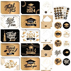 50 Pack Gold-Foiled Thank You Cards for Graduation with Envelopes & Stickers - 10 Designs Blank Inside Graduation Thank You Cards with Envelopes, 6x4in Thank You Graduation Cards Grad Thank You Cards