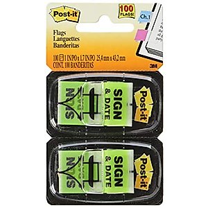 Post-it 680SD2 Sign and Date Message Flag, 1"x1-3/4", 100/PK, Green