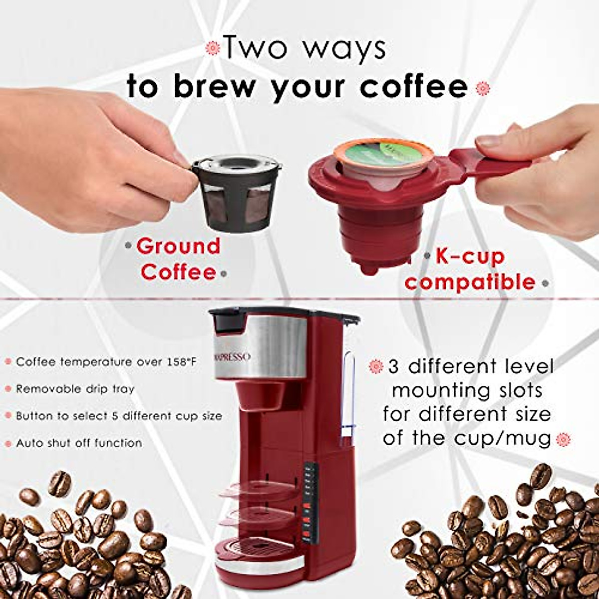 Mixpresso Single Serve 2 in 1 Coffee Brewer K-Cup Pods Compatible & Ground Coffee,Compact Coffee Maker Single Serve With 30 oz Detachable Reservoir, 5 Brew Size and Adjustable Drip Tray (Red)