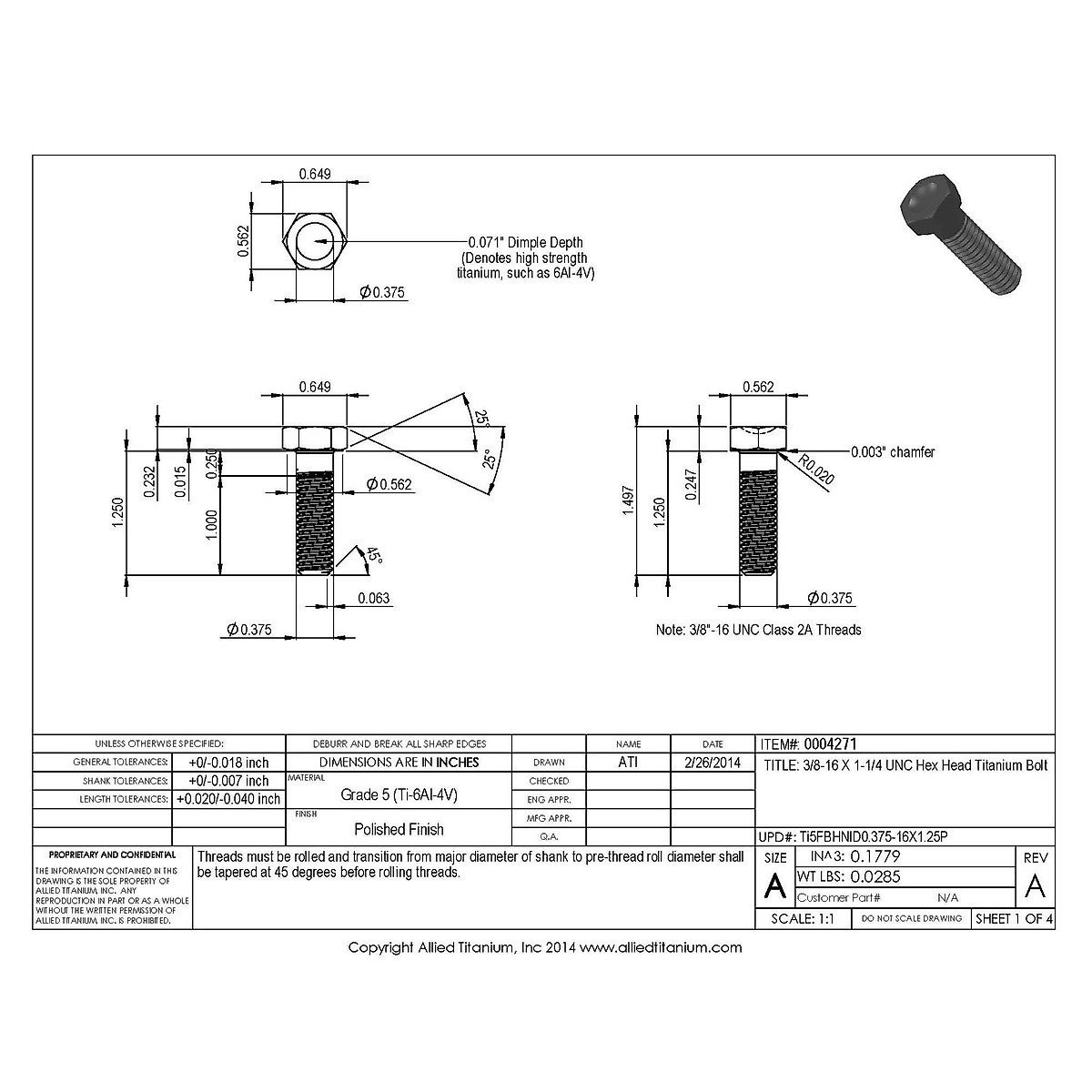 Allied Titanium 0004271, (Pack of 4) 3/8-16 X 1-1/4 UNC Titanium Hex Head Bolt, Grade 5 (Ti-6Al-4V)
